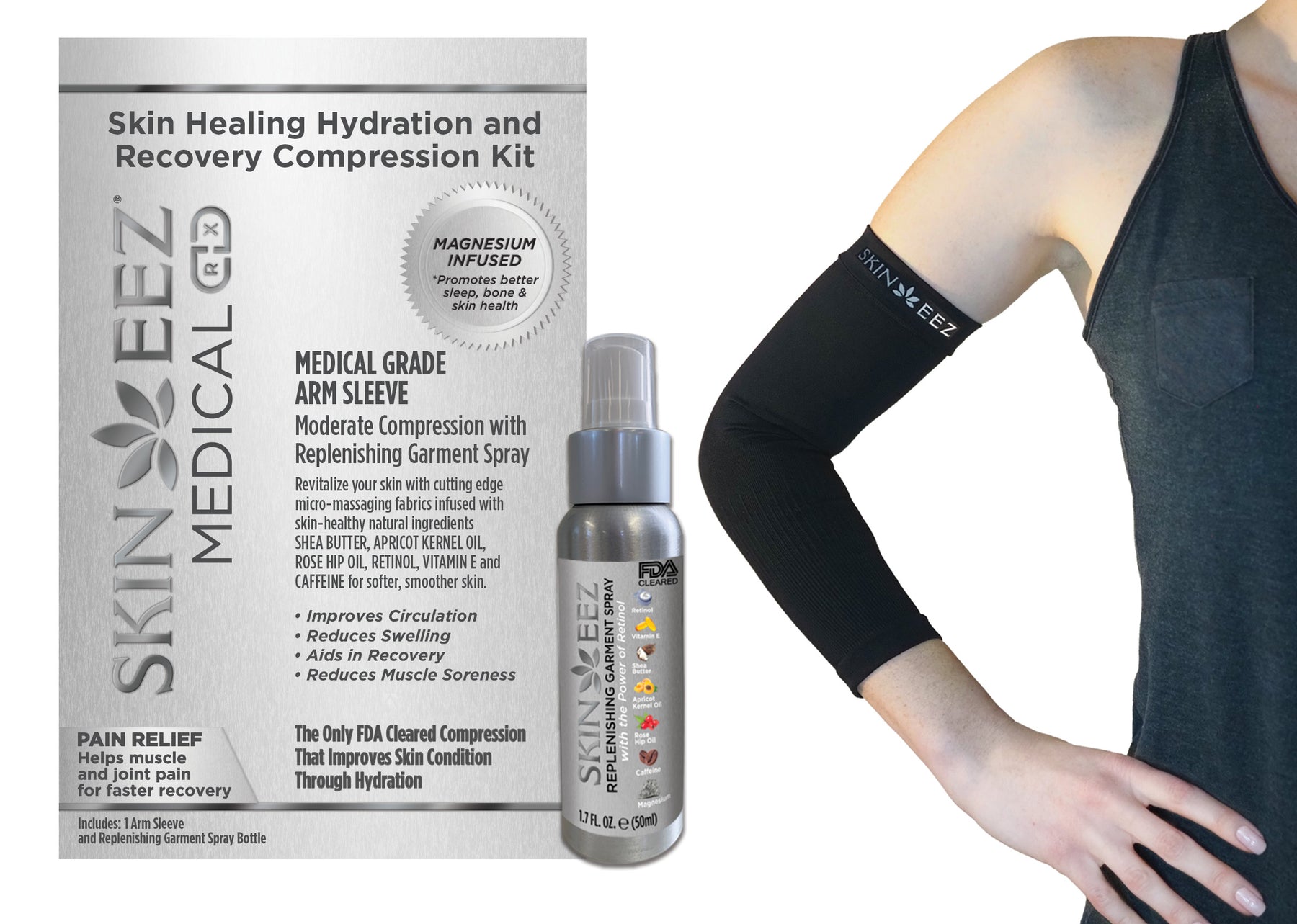 Skineez Magnesium Medical Compression Kit Black Arm Sleeve and Repleni ...