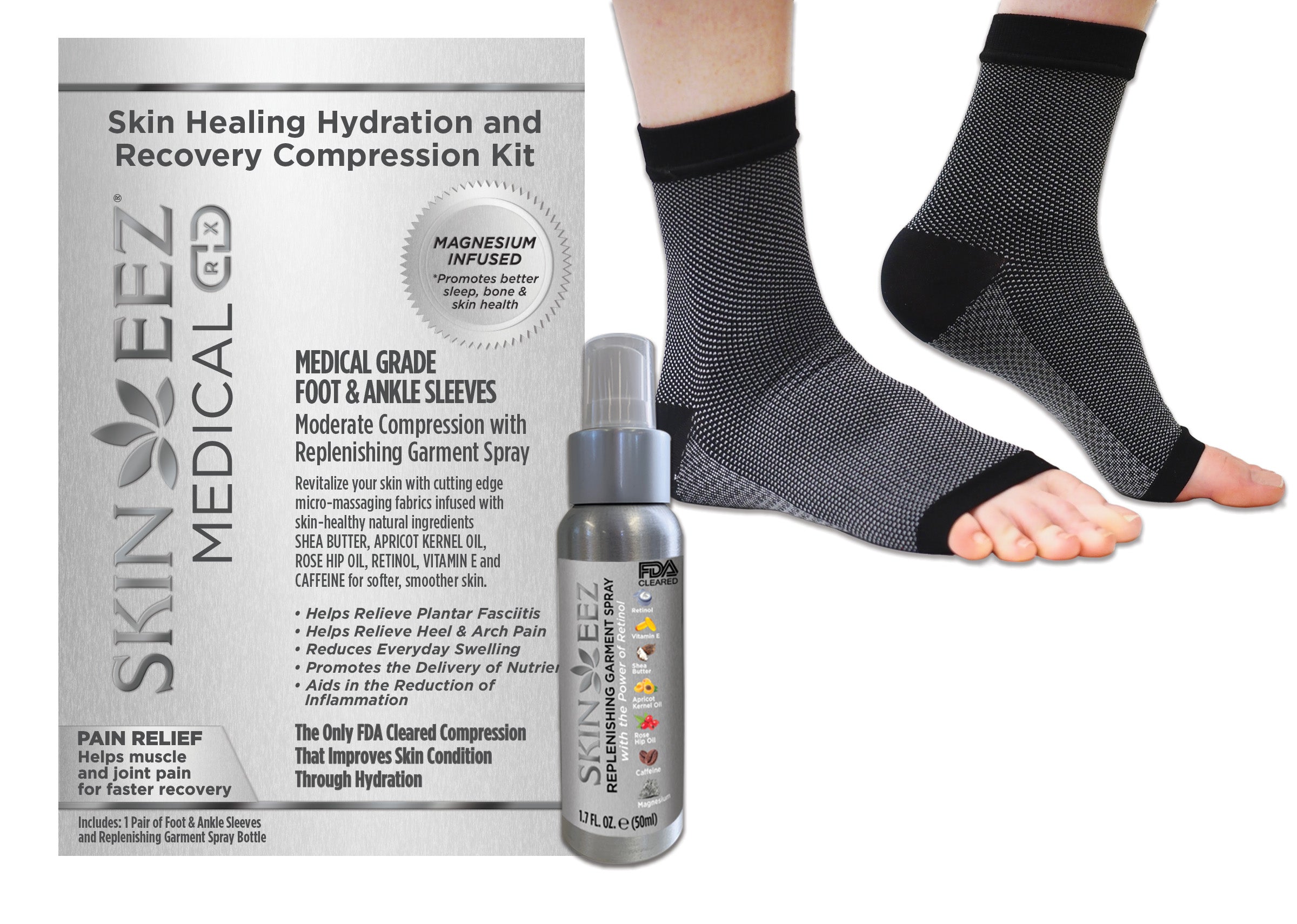 Skineez Magnesium Medical Compression Kit Plantar Fasciitis Sleeve and ...